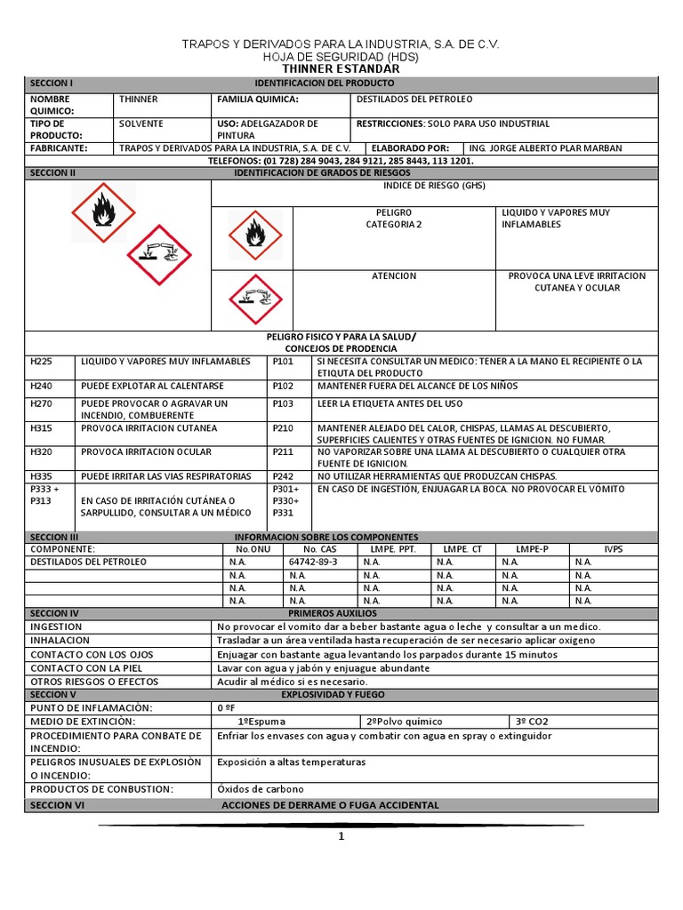 Hoja de Seguridad Thinner | PDF