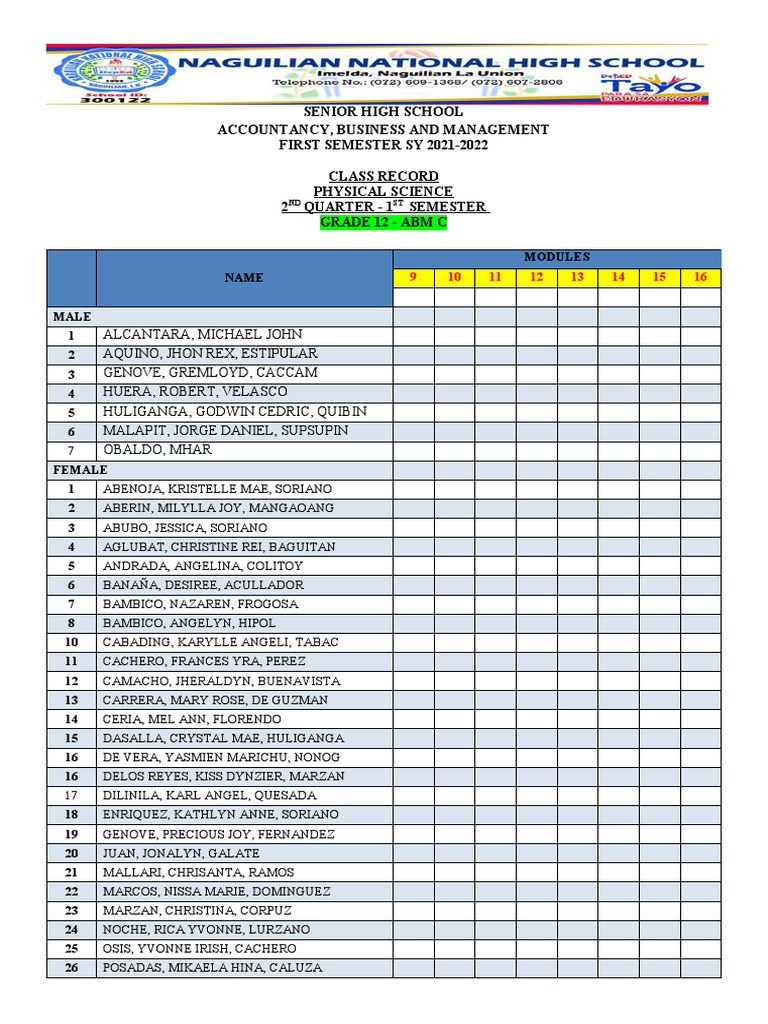 12 Abm-C Phy Sci Class Record | PDF