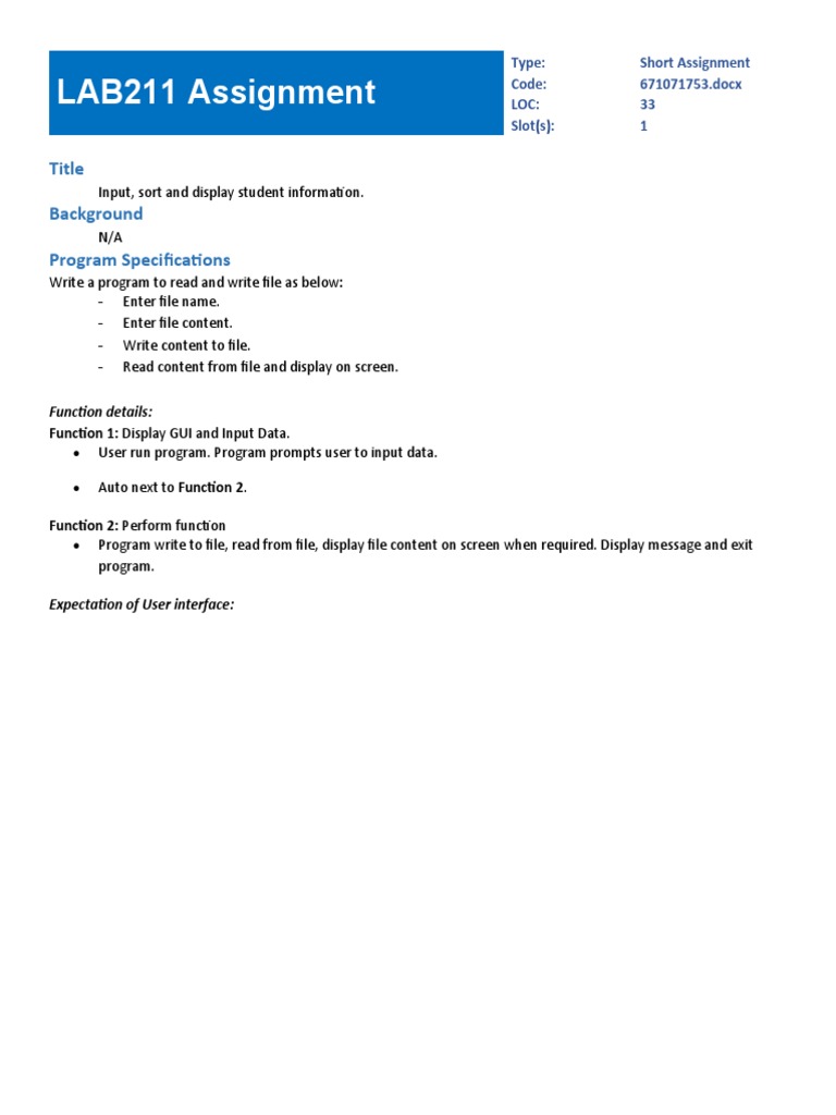 LAB211 Assignment: Title Background Program Specifications | Download Free PDF | Computer File ...