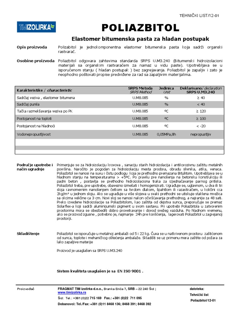 Tehnicki List Poliazbitol | PDF