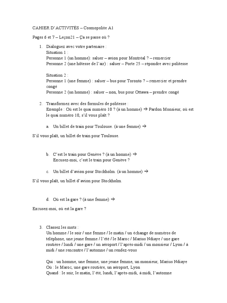 CAHIER D'ACTIVITÉS - Cosmopolite A1 - Leçon 2 Pages 6 Et 7 | PDF