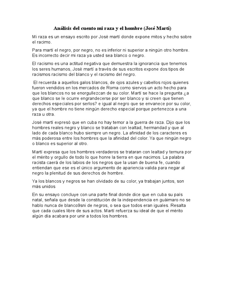 Análisis Del Cuento Mi Raza y El Hombre | PDF | Racismo ...