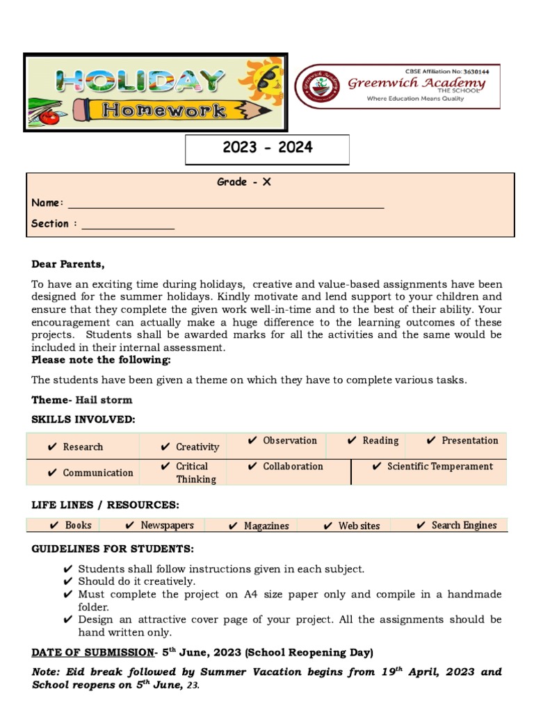 GRADE 10 Holiday Homework | PDF