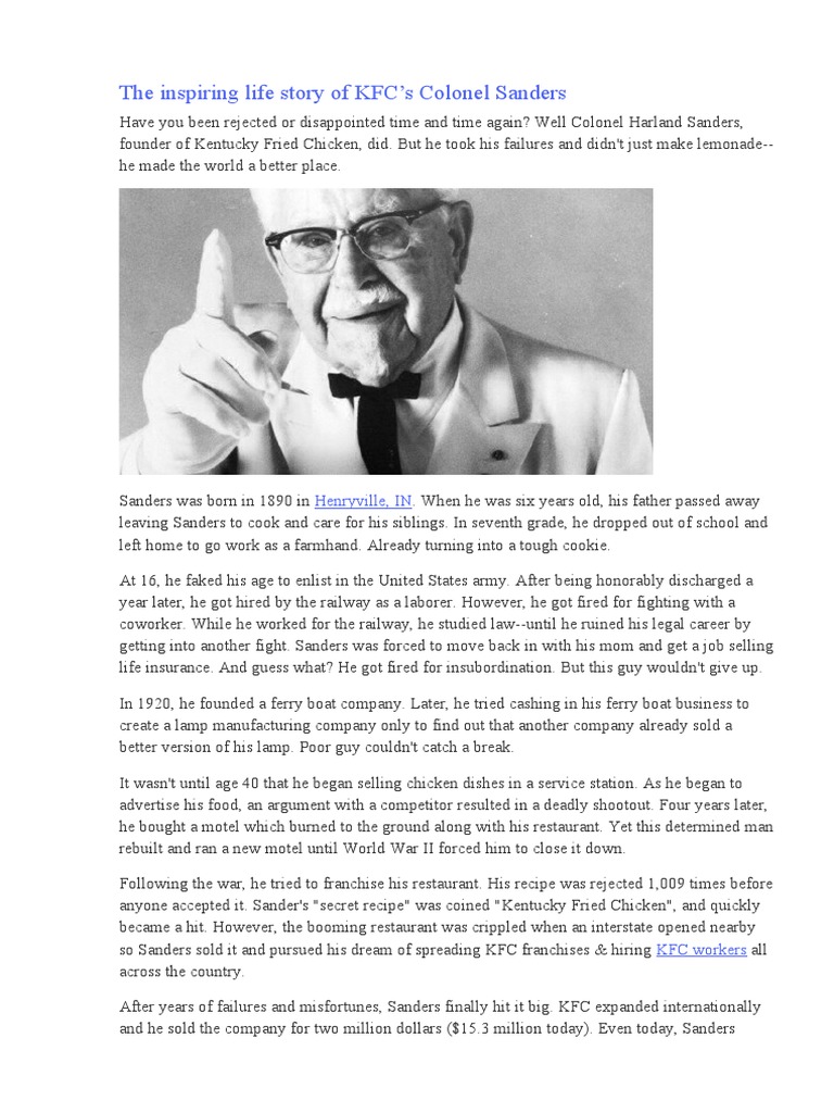 The Inspiring Life Story of KFC's Colonel Sanders: Henryville, IN | PDF