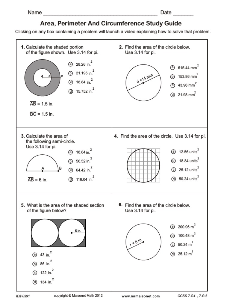 Area, Perimeter and Circumference Study Guide: Name - Date | PDF | Area ...