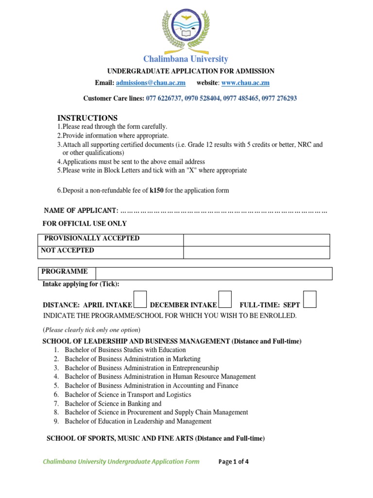 Chalimbana University Undergraduate Application Form 2023 | PDF ...