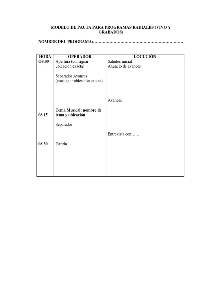 Modelo de Pauta para Programas Radiales | PDF