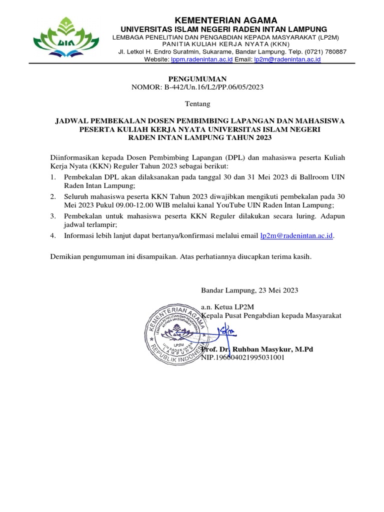 Pengumuman Jadwal Pembekalan DPL Dan Peserta KKN 2023 | PDF