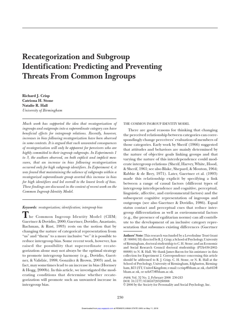 Crisp 2006 Recategorization And Subgroup Identification Pdf