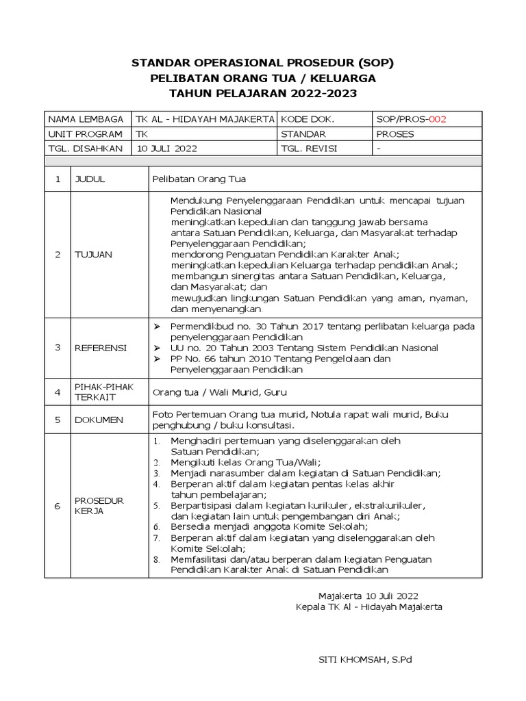 6.3 Sop Pelibatan Orang Tua | PDF