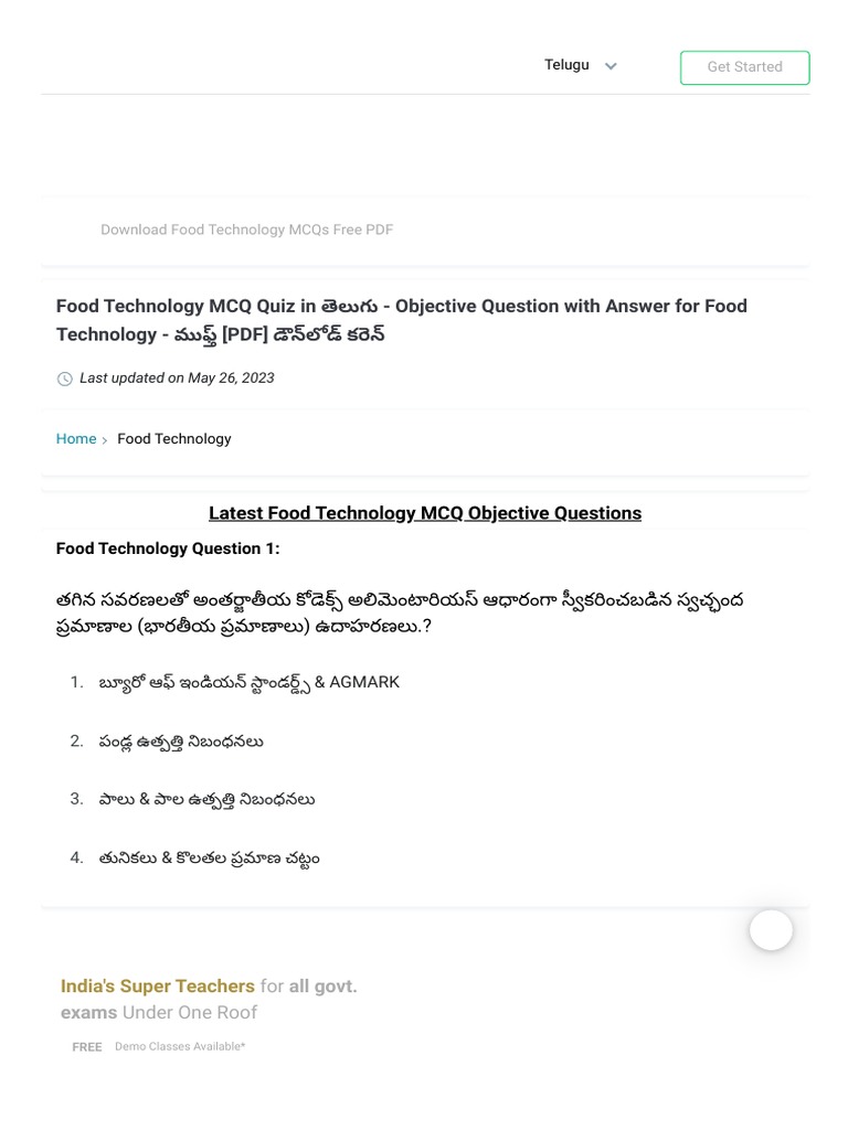 (తెలుగు) Food Technology MCQ (Free Telugu PDF) - Objective Question ...