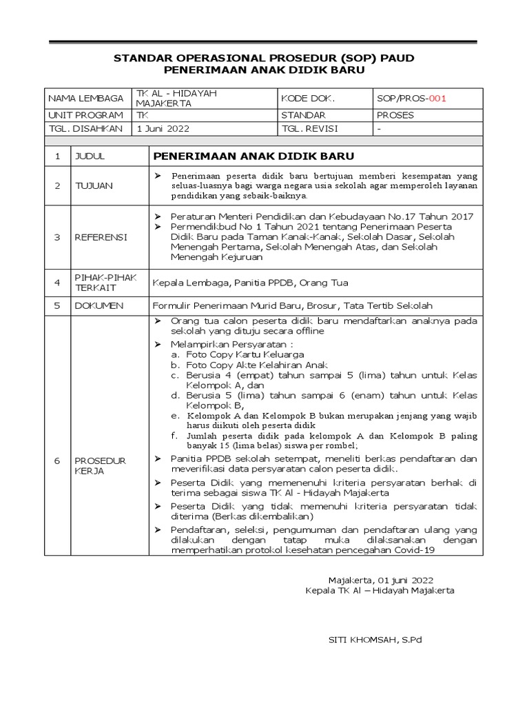 Sop Penerimaan Siswa Baru | PDF