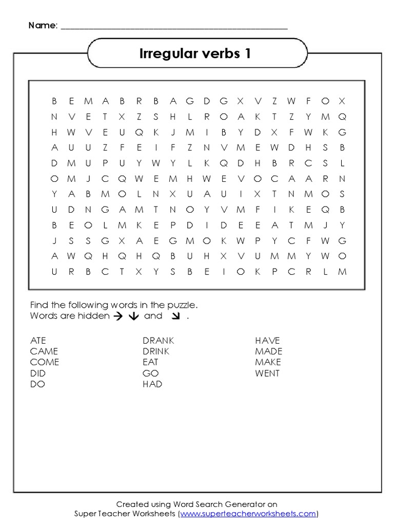 Super Teacher Worksheets Irregular Verbs 1 | PDF | Word Search ...