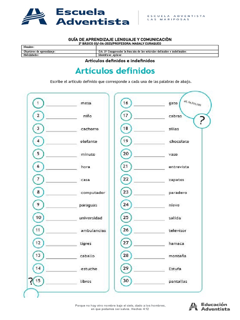 Articulos Definidos e Indefinidos | PDF