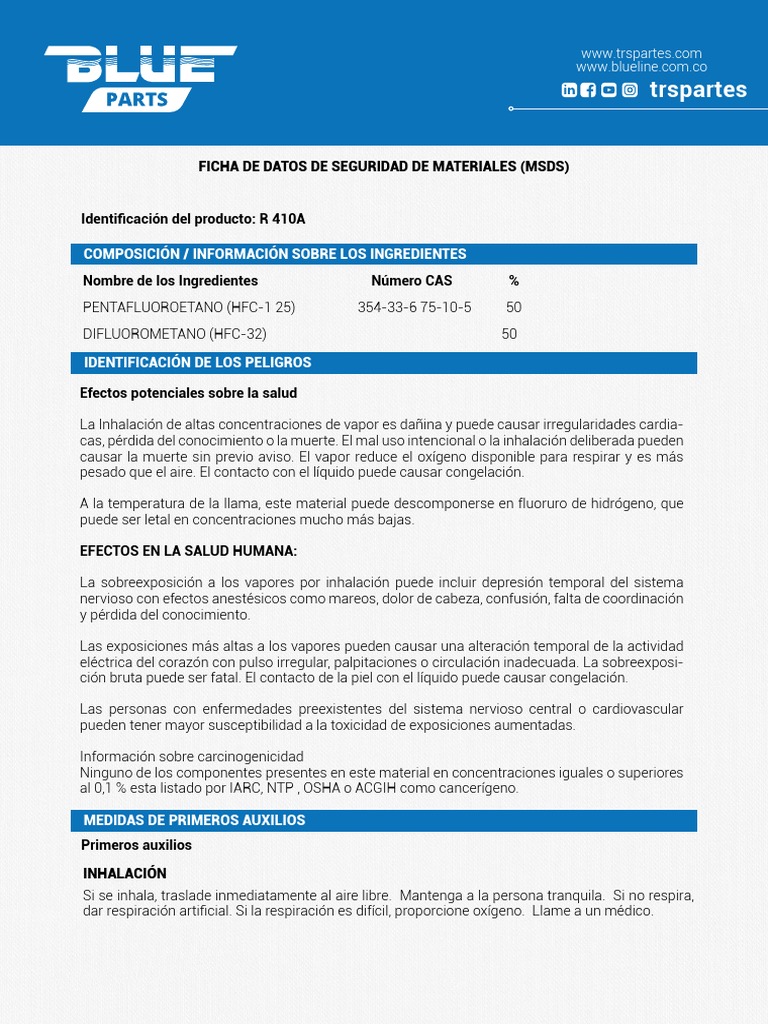 Hoja de Seguridad - (ES) R410a Blueparts MSDS | PDF | Agua | Toxicidad