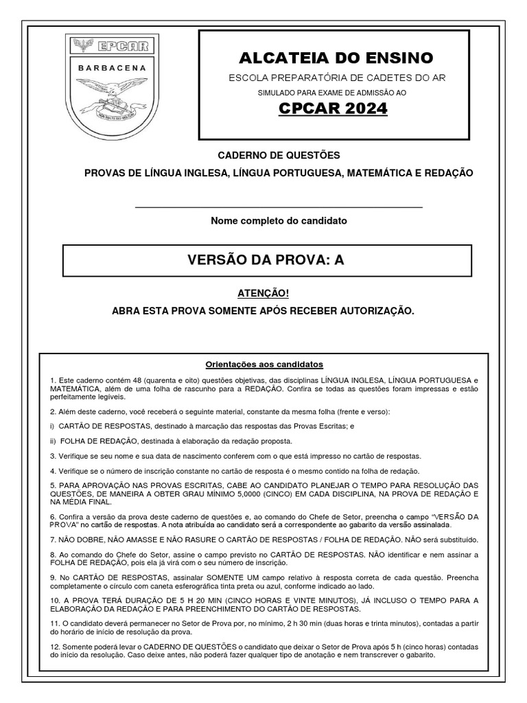 Simulado Inédito Epcar 2024 - Alcateia Do Ensino | PDF