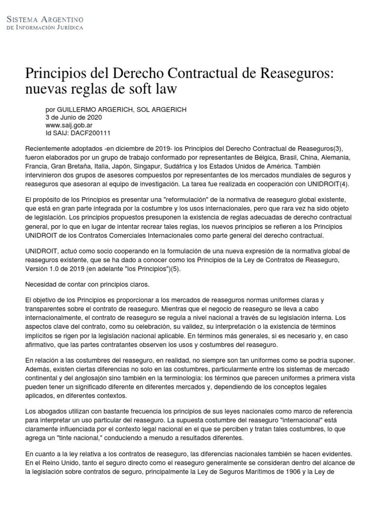 Principios Del Derecho Contractual de Reaseguros - Nuevas Reglas de Soft Law | PDF | Reaseguro ...