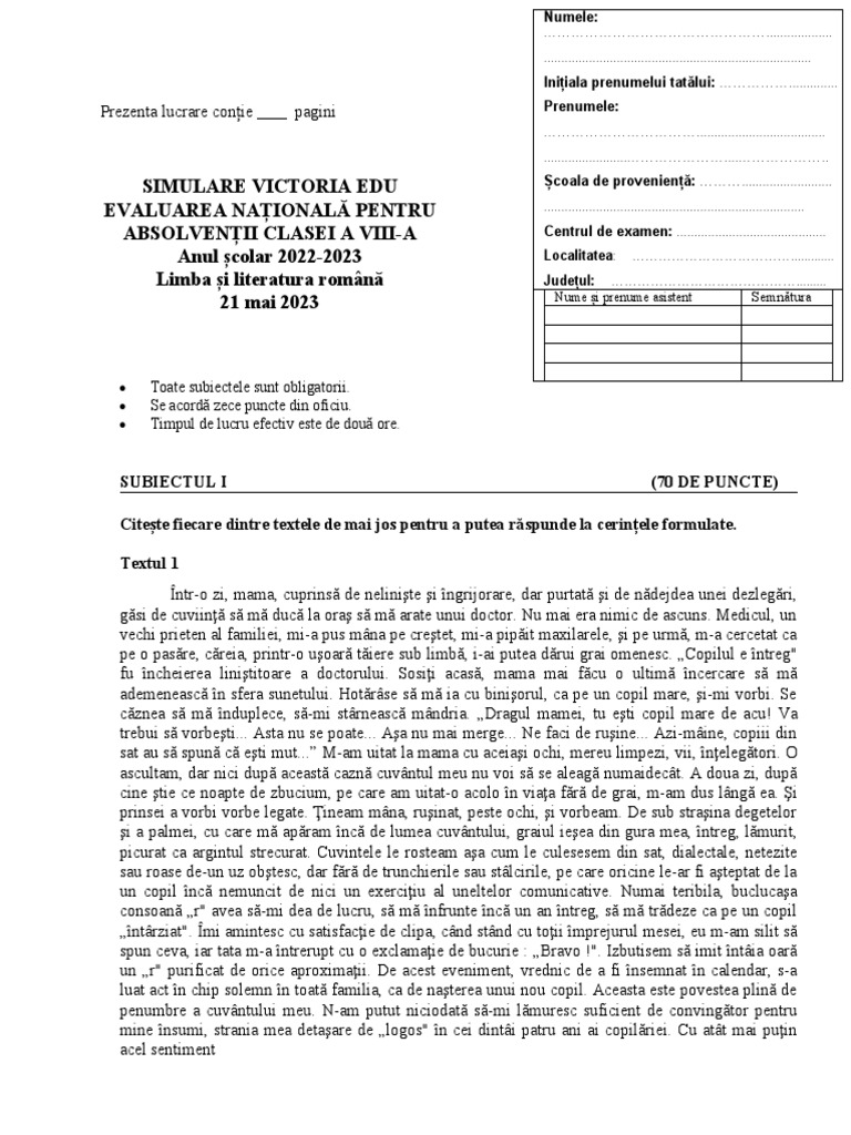 Subiecte Simulare VEdu - en - Romana - 21 Mai 2023 | PDF