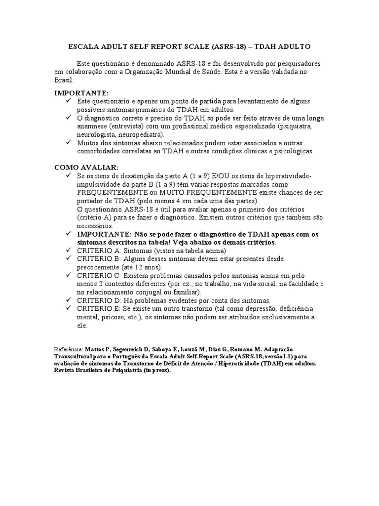 12 - Escala Adult Self Report Scale (ASRS-18) TDAH Adulto | PDF ...