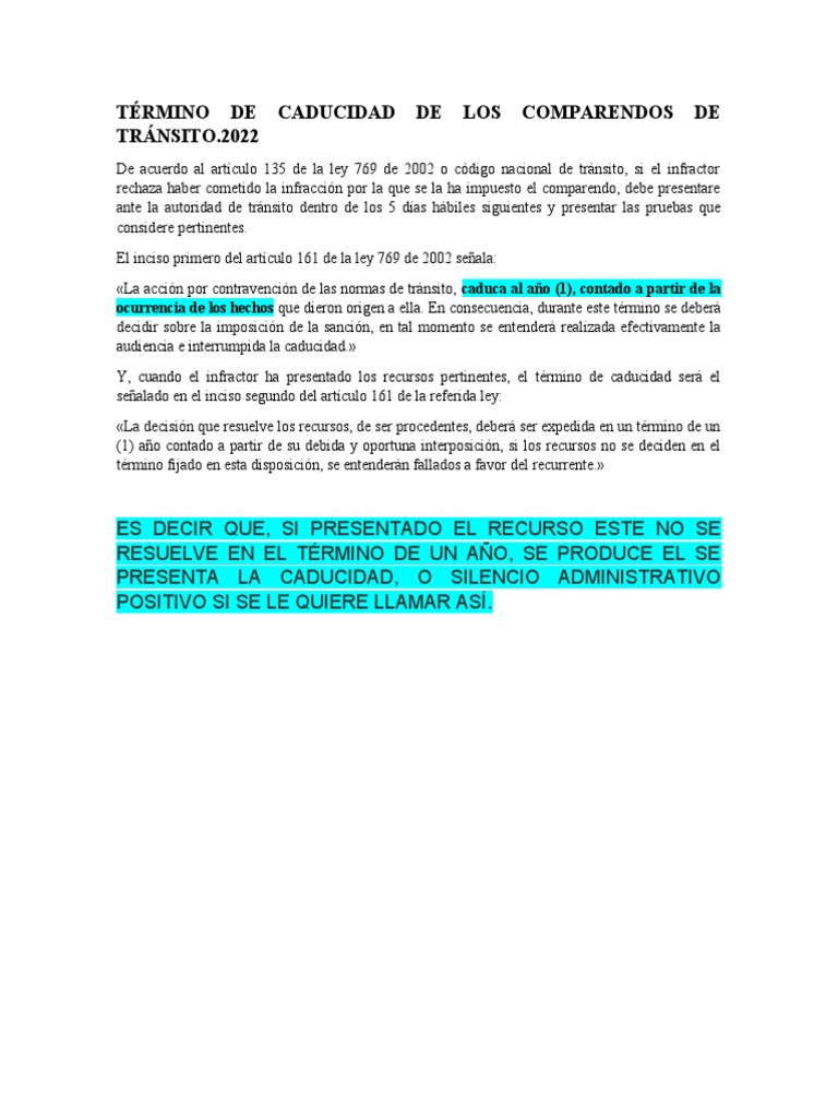 Término de Caducidad de Los Comparendos de Tránsito | PDF Término de Caducidad de Los Comparendos de Tránsito | PDF
