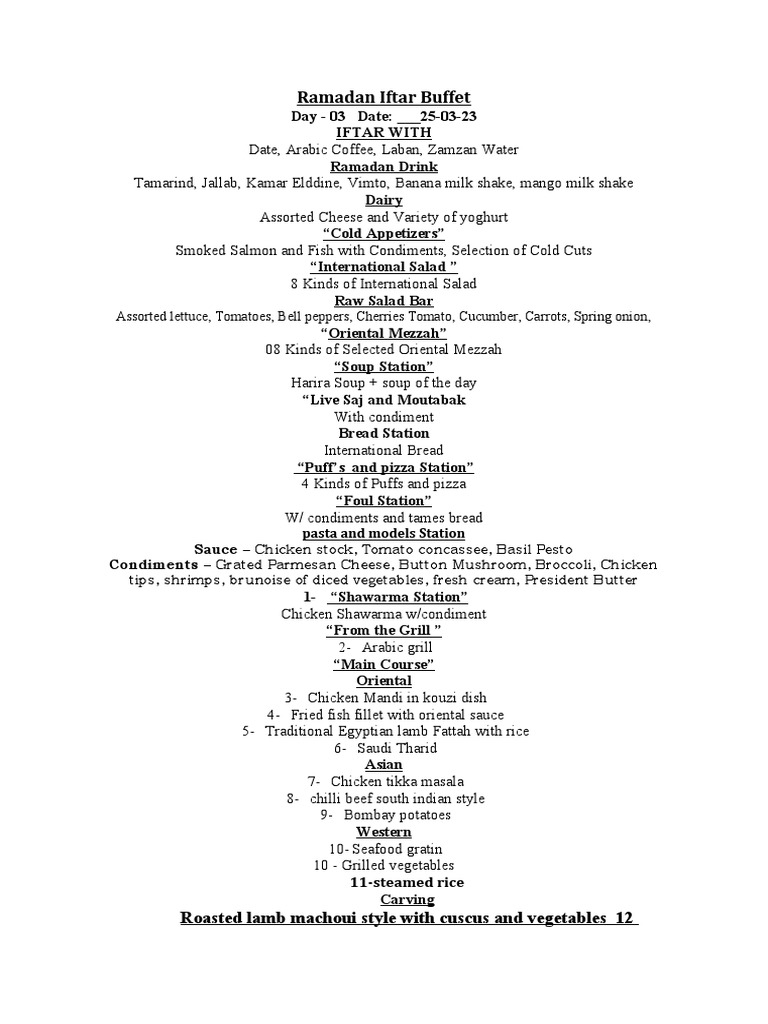 Ramadan Iftar Buffet Menu 2023 | PDF