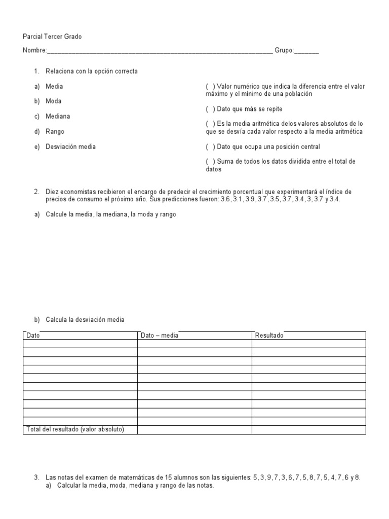 Examen Media, Moda, Mediana, Rango, Desviación | PDF