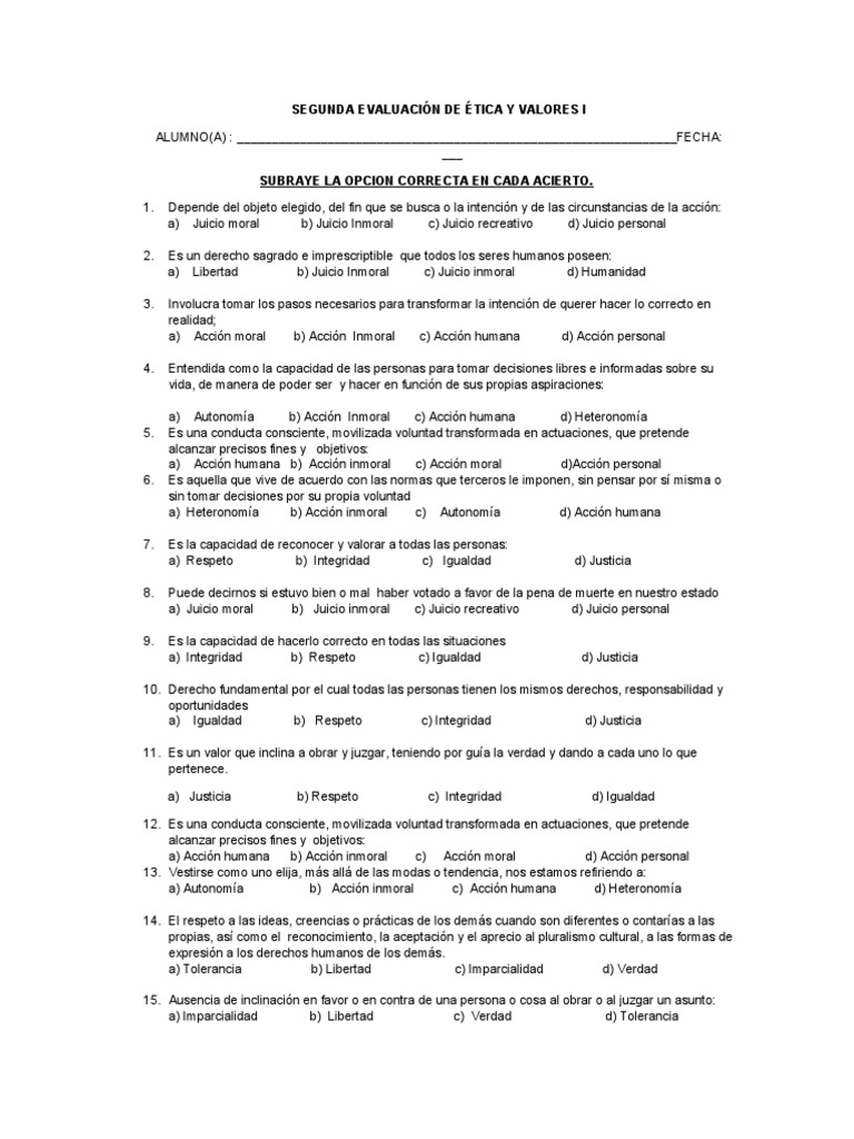 Segunda Evaluación de Ética y Valores I | PDF | Moralidad | Justicia