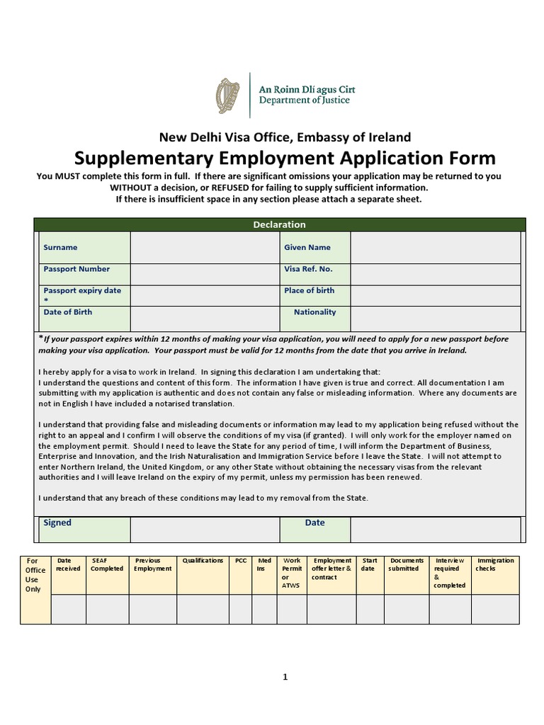 Ireland Supplementary Employment Form | PDF | Travel Visa | Passport