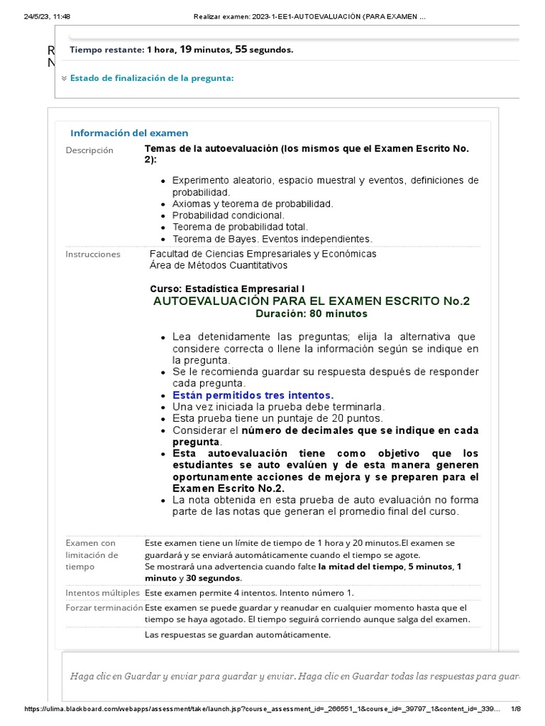 Realizar Examen 2023 1 Ee1 AutoevaluaciÓn Para Examen Pdf