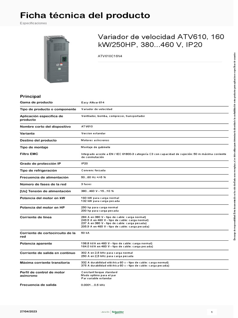 Variador de Velocidad ATV610 Especificaciones | PDF | Impedancia ...