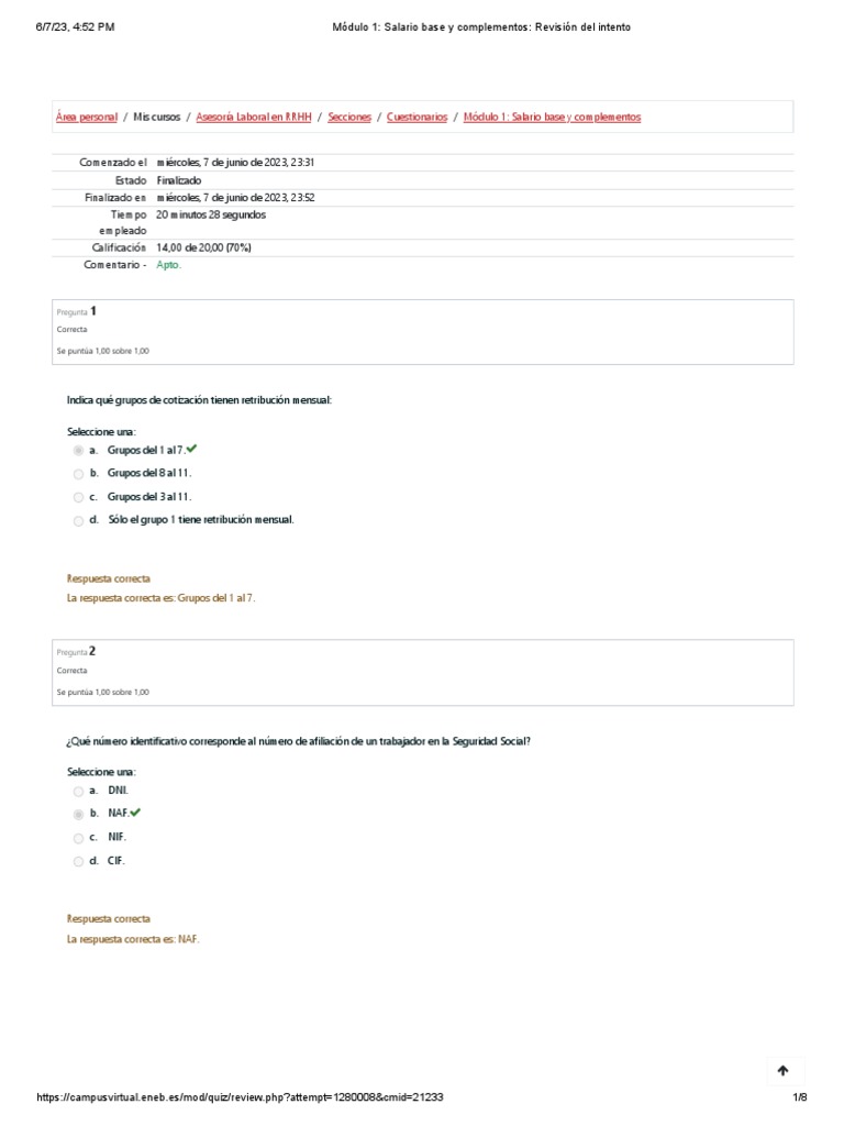 Módulo 1_ Salario base y complementos_ Evaluacion | PDF | Salario | Compensación laboral