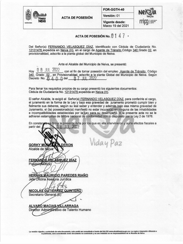 Acta de Posesion 0147 Del 08-07-2022 | PDF