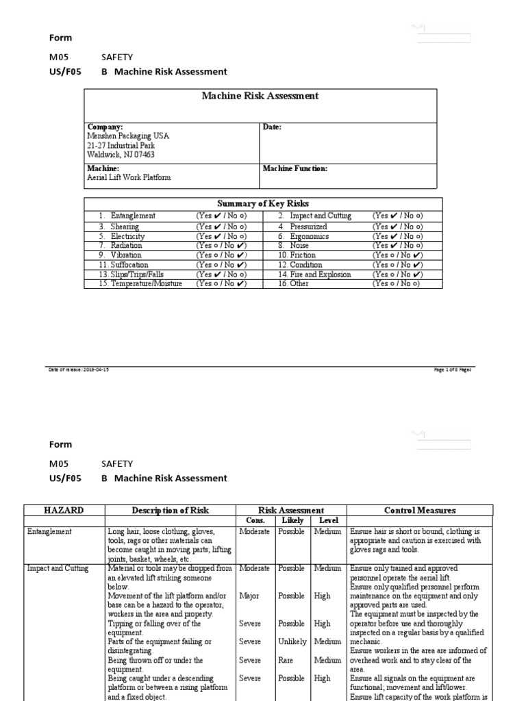 F05 Machine Risk Assessment Aerial Lift | PDF | Elevator | Risk