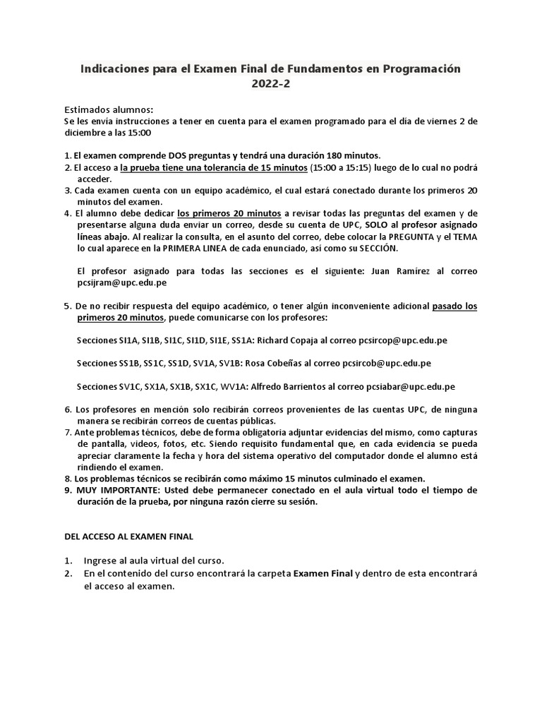 Indicaciones para El Examen Final de Fundamentos en Programación 2022-2 | PDF
