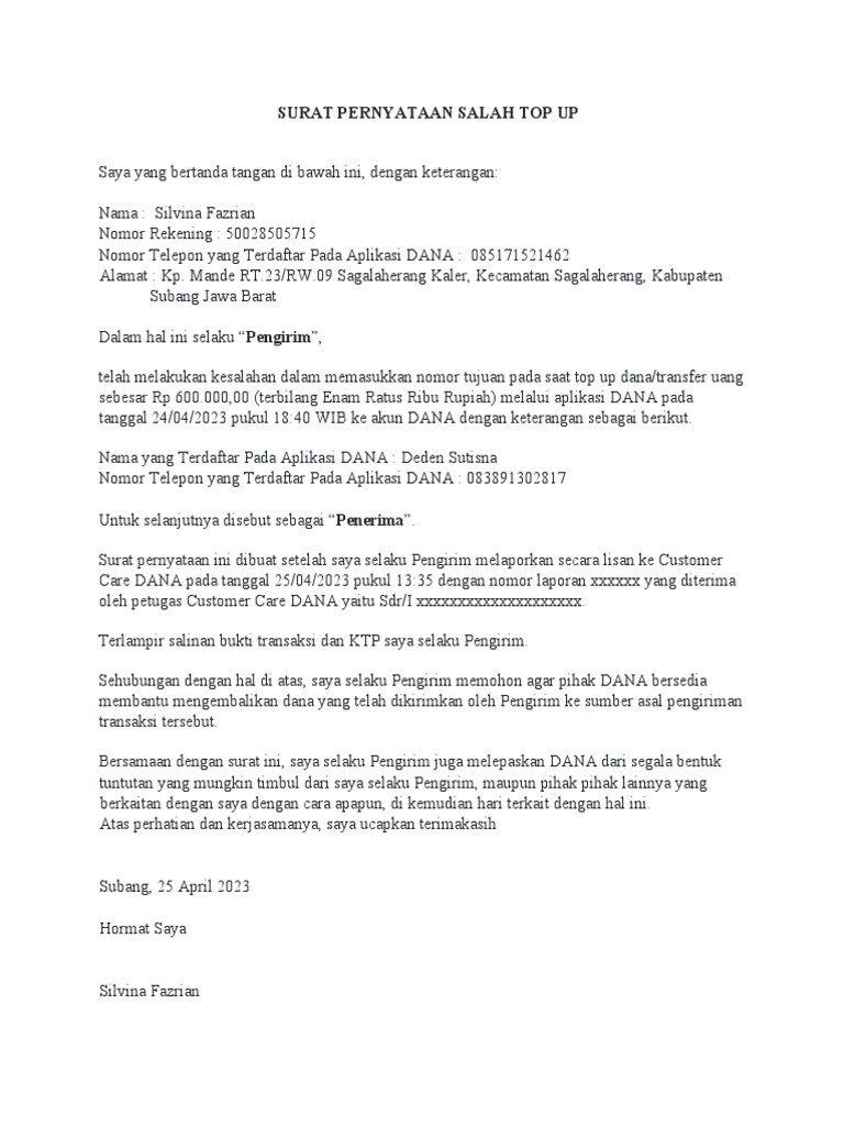 Surat Pernyataan Salah Top Up | PDF