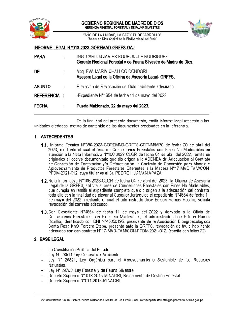 Informe Legal de Revocacion - Pedro Huaman Apaza | PDF | Gobierno | Entorno natural