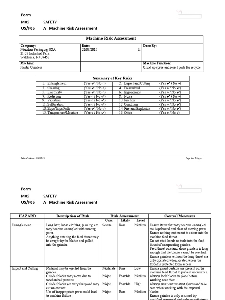 M05 F05 Machine Risk Assessment Grinder1 | PDF | Risk | Grinding ...