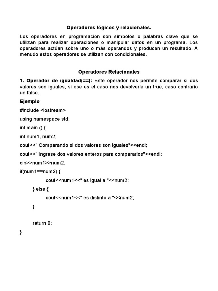 Operadores Lógicos y Relacionales en C++ | PDF | Informática ...