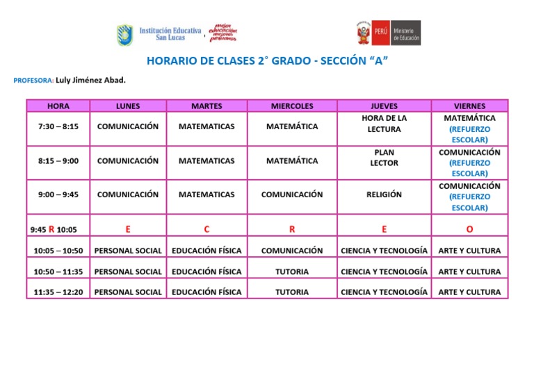 HORARIO DE CLASES 2° A 2023 | PDF