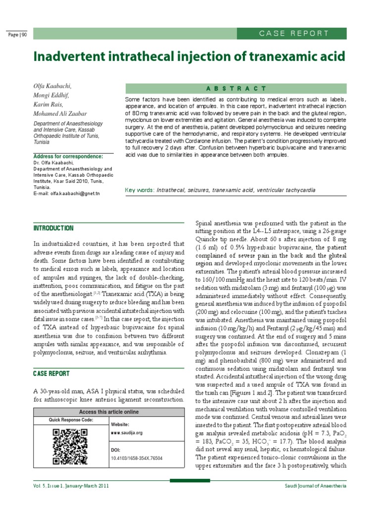 Inadvertent Intrathecal Injection of Tranexamic Acid | PDF | Anesthesia ...