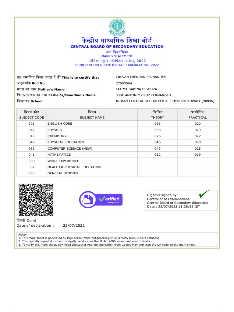 Central Board of Secondary Education: Marks Statement Senior School ...