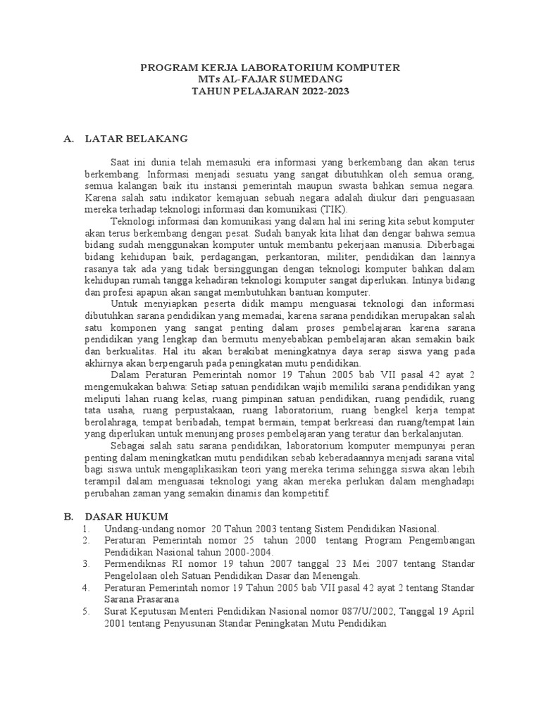 PROGRAM KERJA LABORATORIUM KOMPUTER MTs | PDF