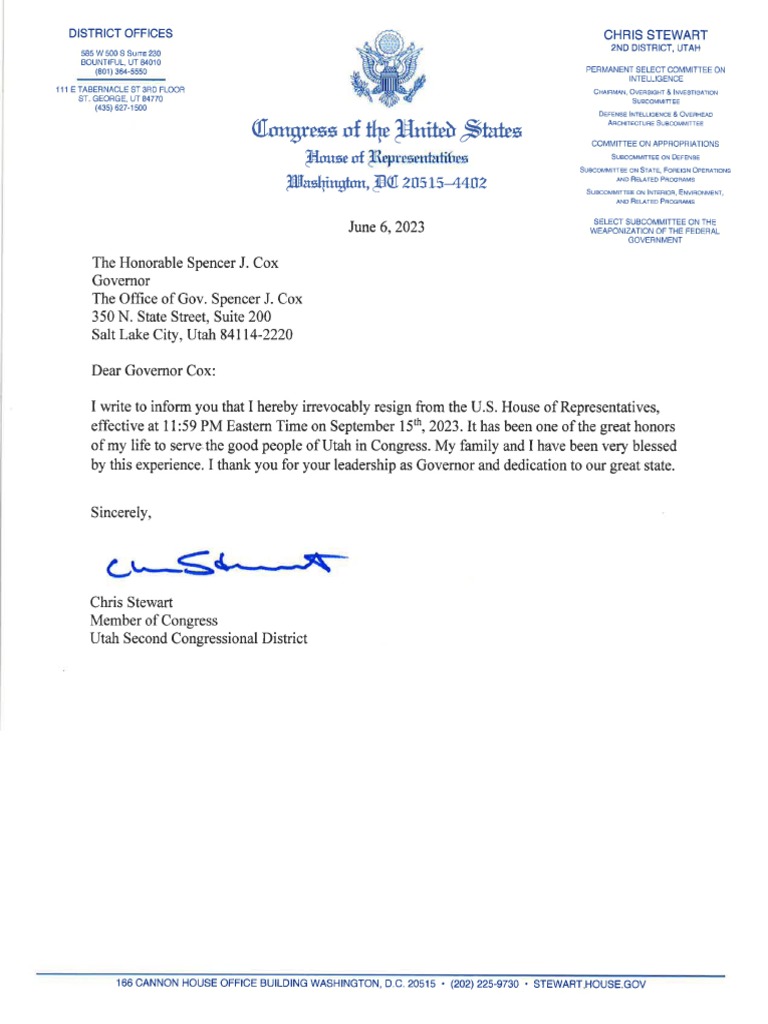 Congressman Stewart - Resignation Letter - Governor Cox | Download Free ...