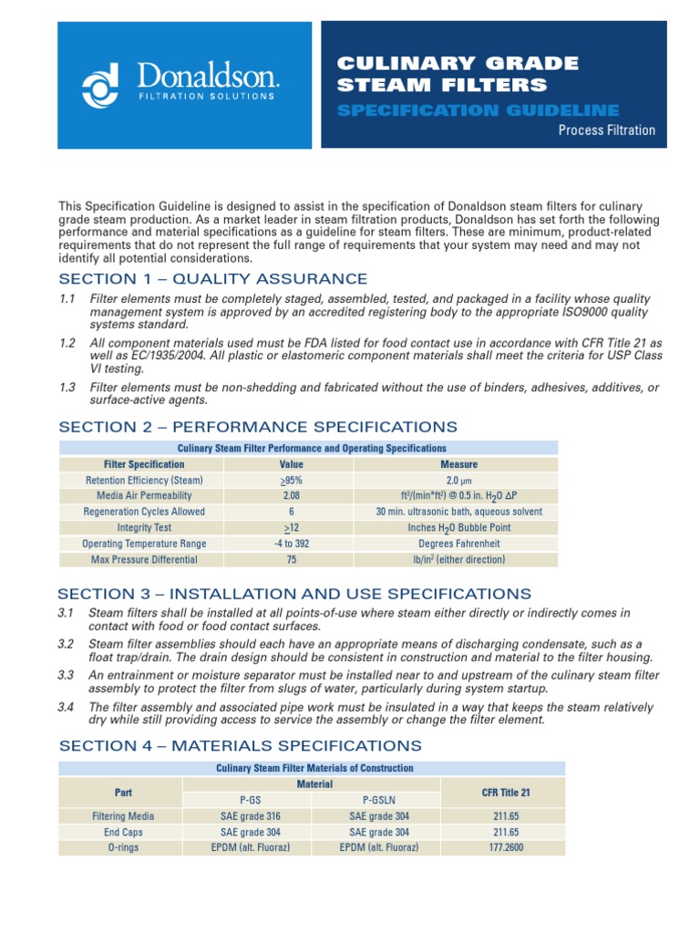 Culinary Grade Steam Filters Specification Guideline | PDF | Filtration ...