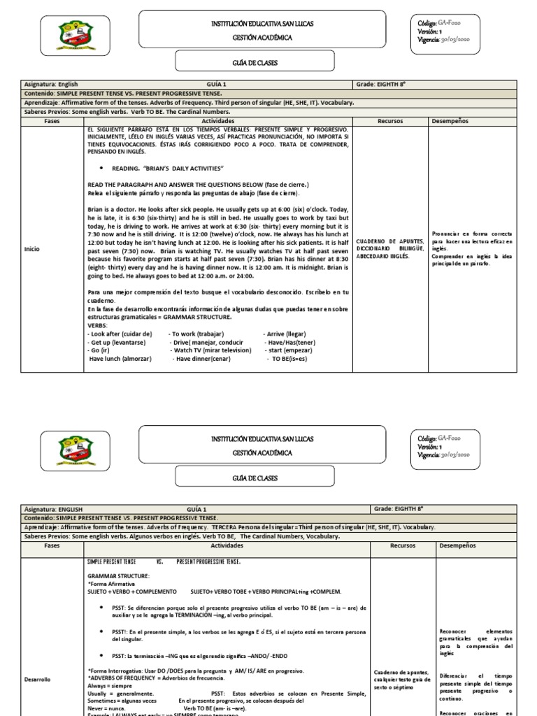 Guia de Clases #1 Simple Present Present Progressive | PDF