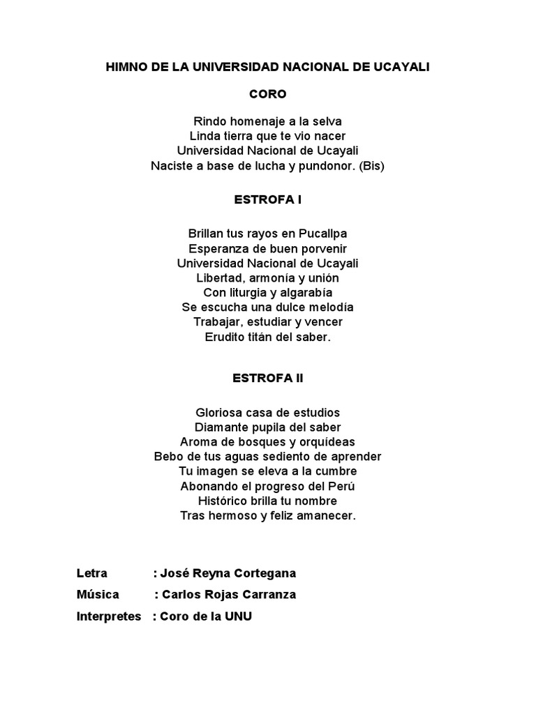 Himno de La Universidad Nacional de Ucayali | PDF