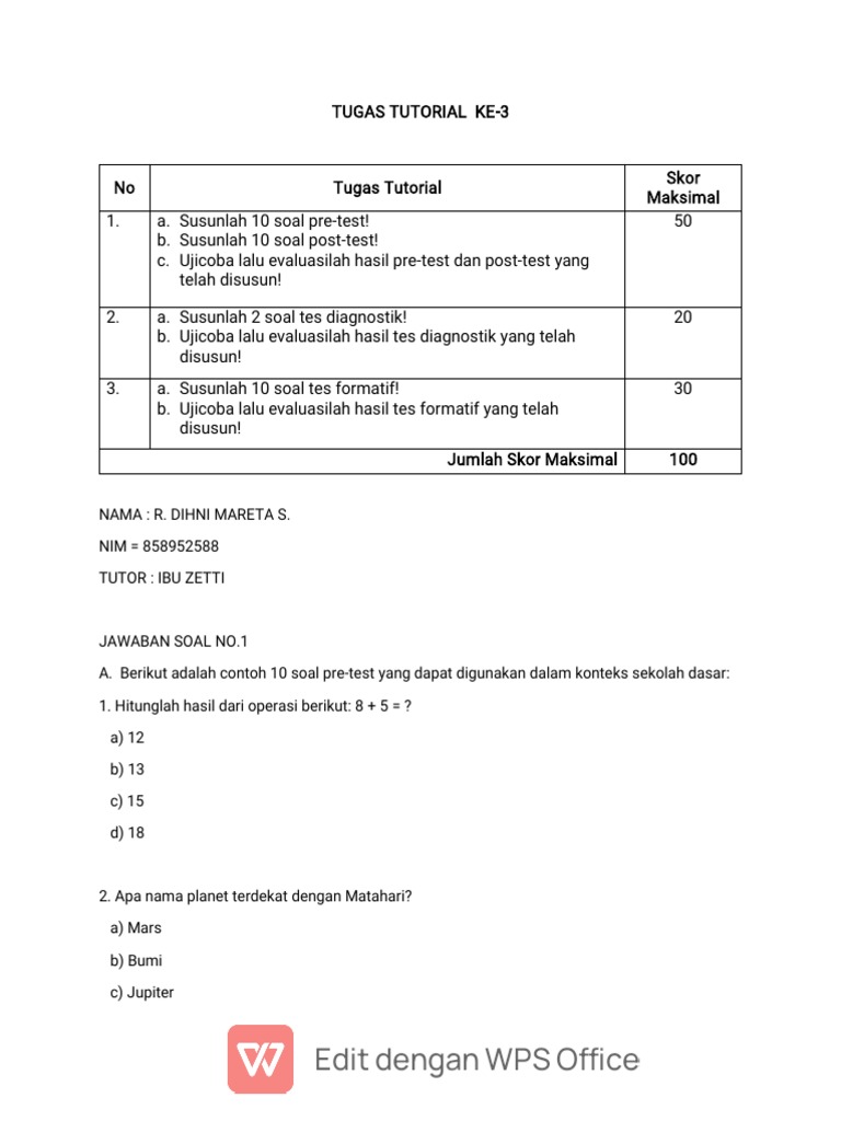 TUGAS TUTORIAL 3 Evaluasi Pembelajaran | PDF | Karier & Perkembangan | Metode & Bahan Ajar