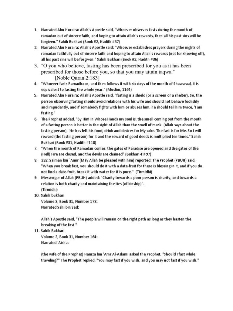 Ramadan Fasting: Hadiths and Quran Insights | PDF | Ramadan | Hadith