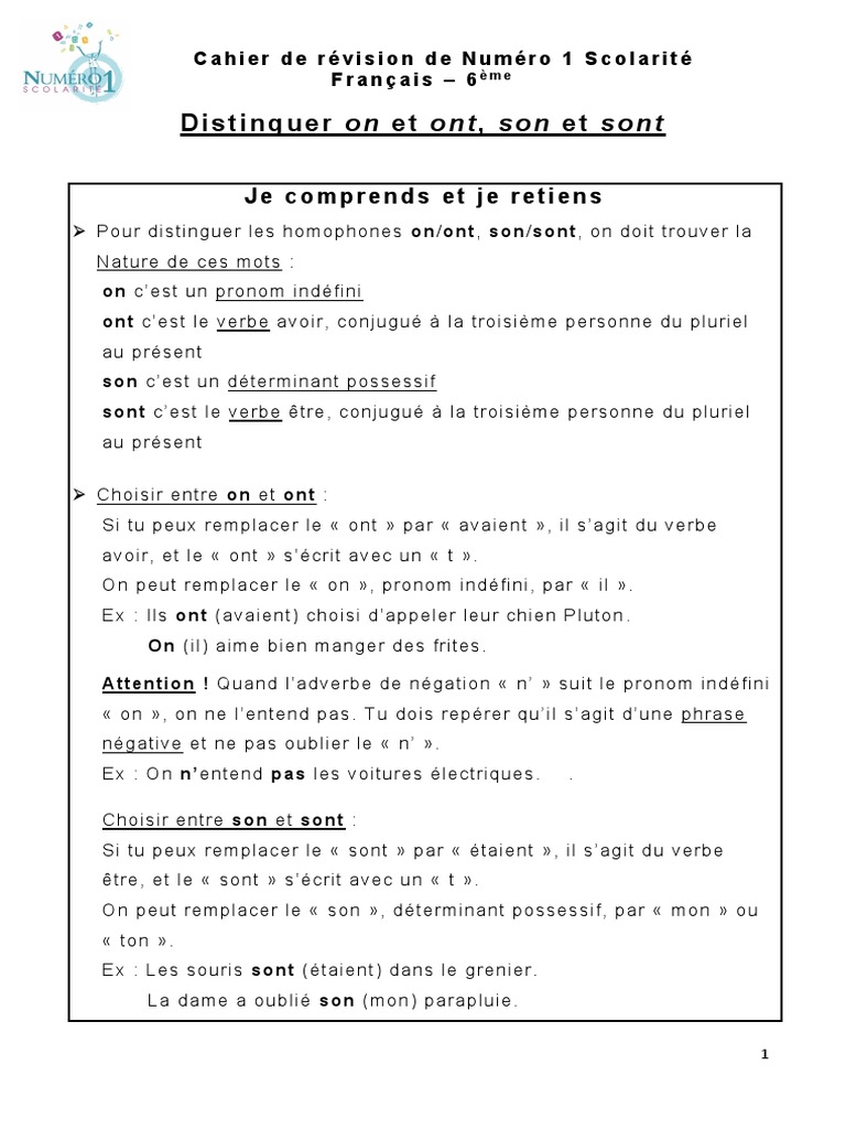 6eme Homophones On Ont Son Sont | PDF | Verbe | Pronom