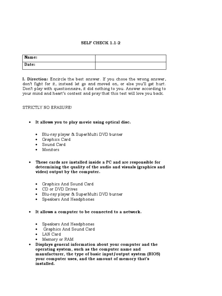 1.1-2 System Specification - Self Check and Task Sheet | PDF | Computer Hardware | Personal ...